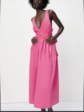 Zara | Dresses | Zara Neon Pink Tied Poplin Midi Dress | Poshmark